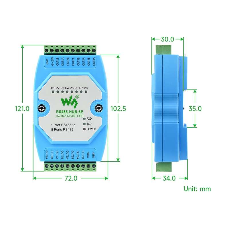 Waveshare Industrial-grade Isolated 8-ch RS485 Hub, Rail-mount Support, Wide Baud Rate Range ...